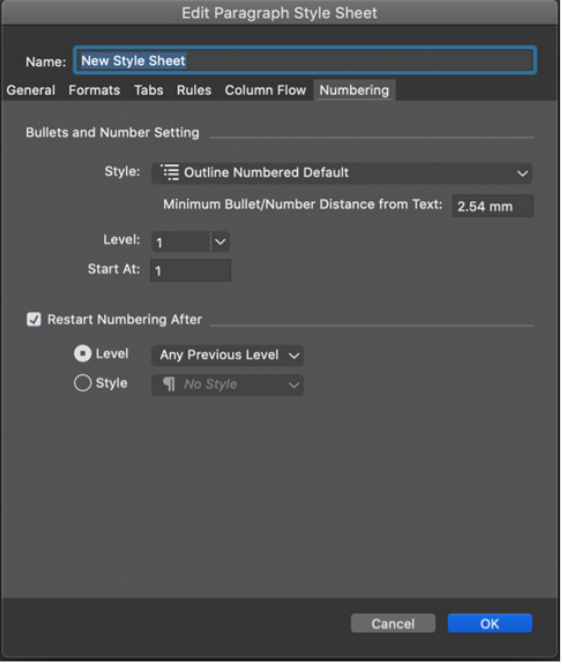 Outline Indent Level in the Paragraph Style Sheet