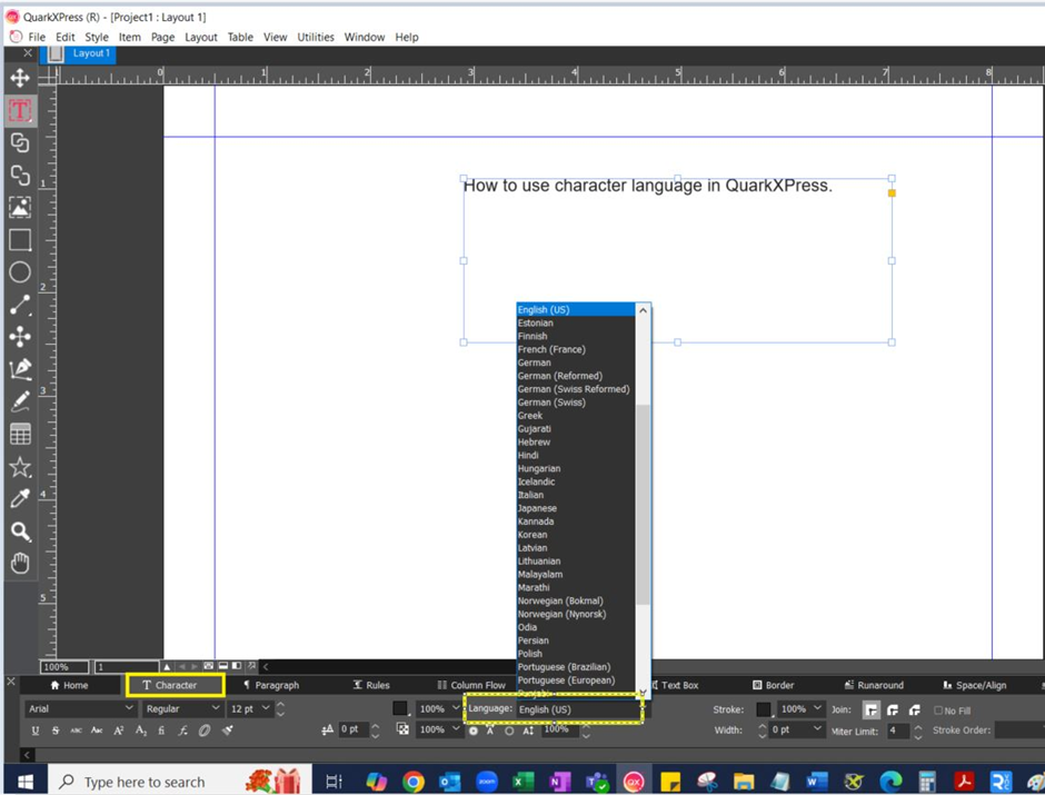 How to apply character language in QuarkXPress.