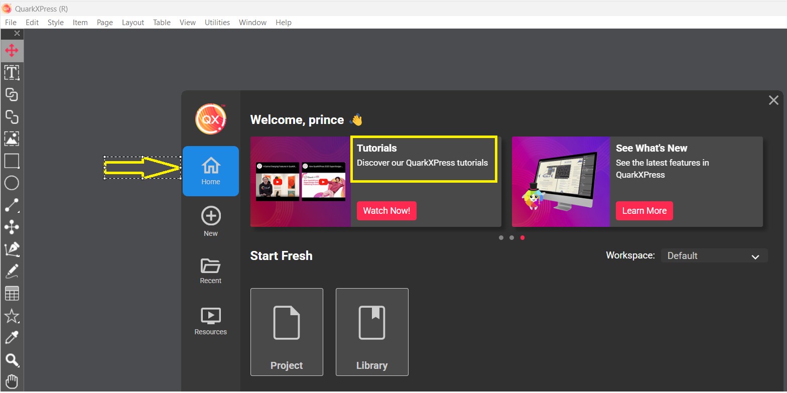 Steps to access QuarkXPress 2026 Tutorials from the Application.